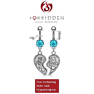 Forbidden Body Jewelry Surgical Steel Set of Best Friend Matching Aqua Jeweled Heart Belly Button Rings