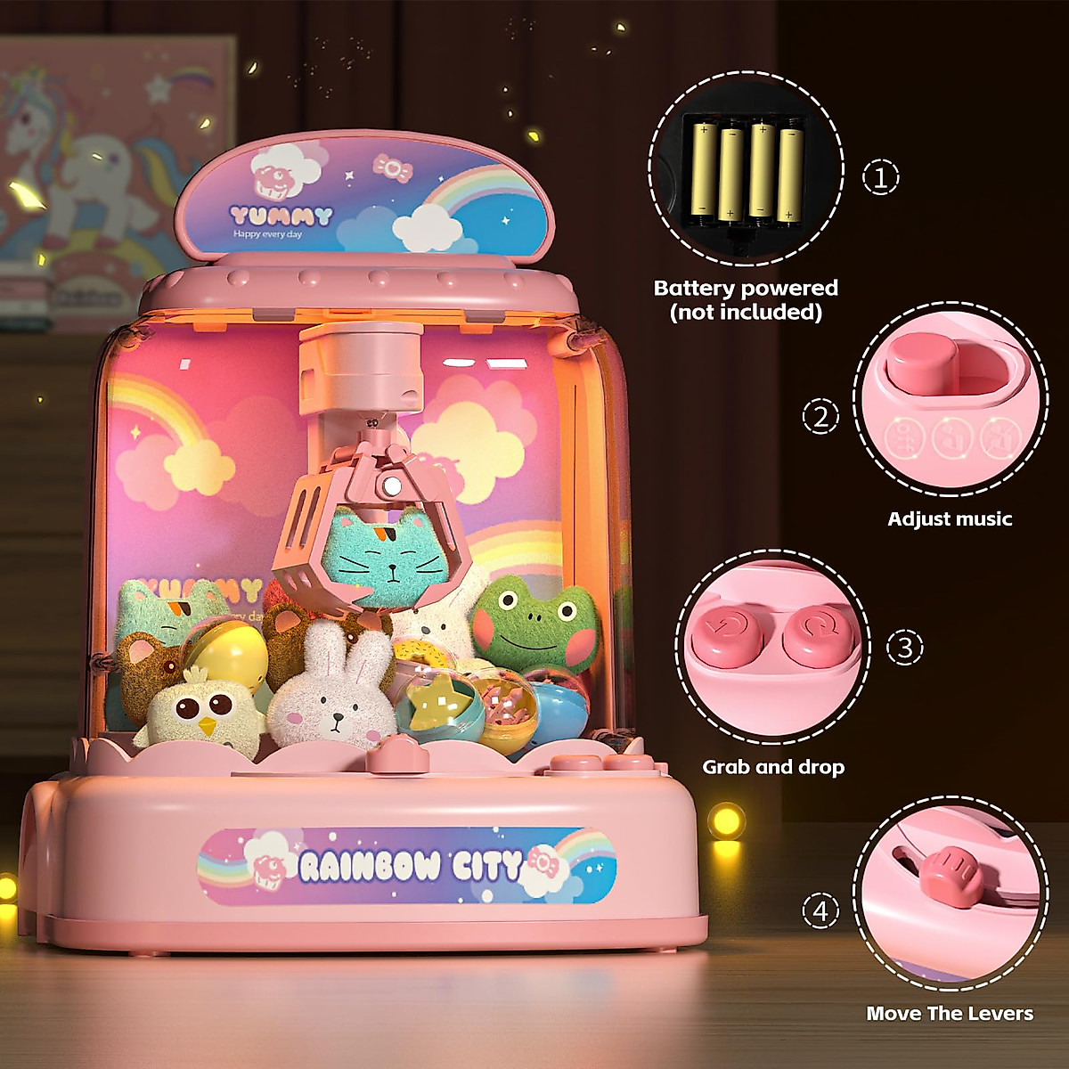DOLIVE Mini Claw Machine for Kids，Electronic Dispenser Arcade Game Toys,Kids Vending Pink Machines with 6 Dolls 10 Capsule Toys, Grabber Plush,Adjustable Sounds and Music, Gifts for Girls