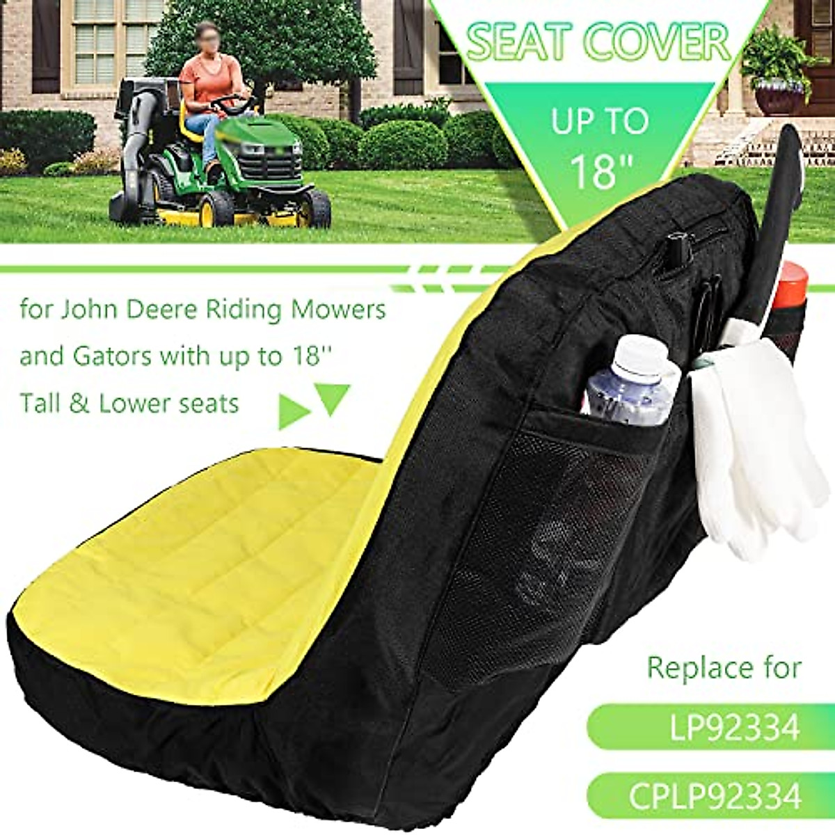 LP92334 Upgrade Large Seat Cover Riding Mower Cushioned Seat up to 18" High for John Deere Mower & Gator | Oxford 300D Fabric, Comfortable, Convenient Pockets, Waterproof