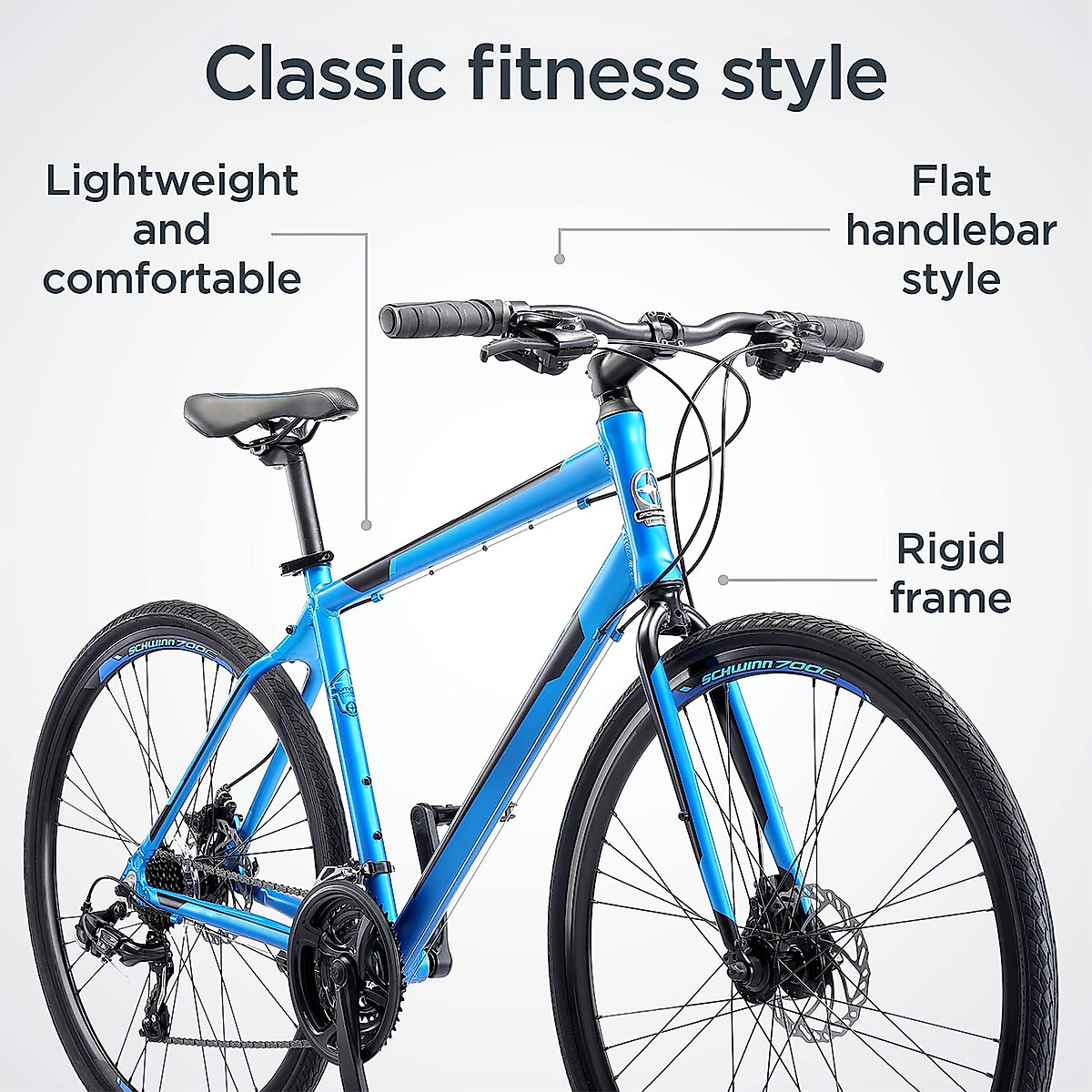 Schwinn Volare 1200 Flat Bar Hybrid Sports Road Bike, Men and Women, 21-Speed, 700c Wheels, 19-Inch Aluminum Frame, Disc Brakes, Matte Blue