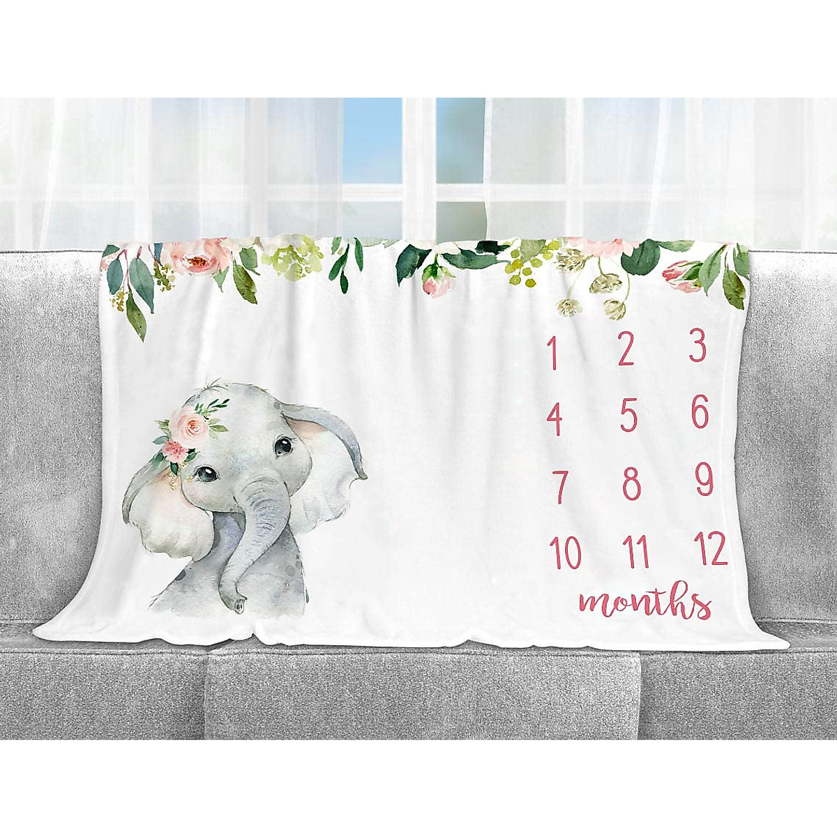 Popfavors Floral Elephant Baby Monthly Milestone Blanket, Jungle Elephant Girl's Soft Fleece Monthly Milestone Blanket , Girl Elephant Nursery Infant Newborn, Includes Marker (White, 50x40 inch )