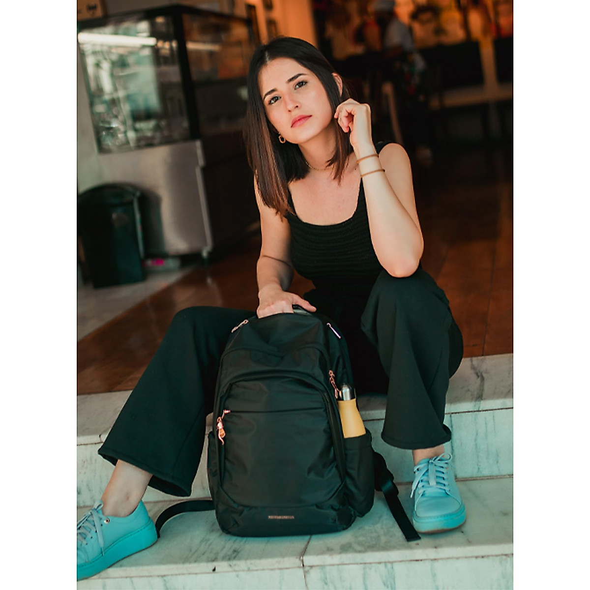 LIGHT FLIGHT Travel Laptop Backpack Women, 15.6 Inch Anti Theft Laptop Backpack with USB Charging Hole, Water Resistant College School Bookbag, Large Capacity Black Computer Backpacks for Work, Black