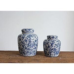 Creative Co-Op Decorative Ceramic Ginger Jar with Lid, Blue and White, Large