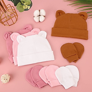 BQUBO Newborn Baby Hats Mittens Set for Boys Girls Hospital Hat Beanie Bear Ears Infant Caps Baby Cotton Gloves No Scratch Mittens for 0-6 Months