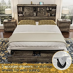 HOWE Queen Size Wood Platform Bed Frame with 51.2" Bookcase Headboard, Storage bed with Sliding Barn Door Charging Station 2 Drawers, No Box Spring Needed/Noise Free/Farmhouse/Rustic Grey