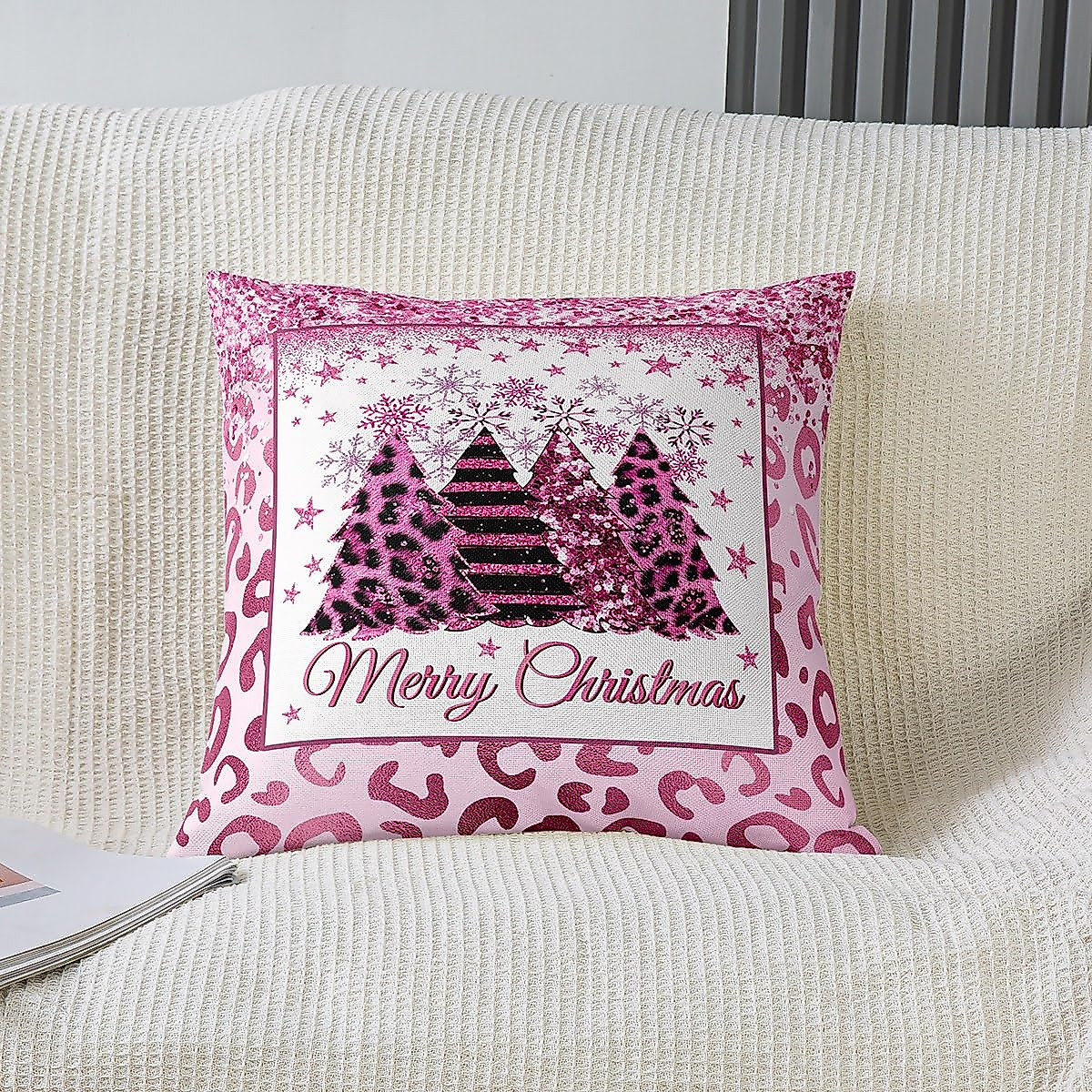 Pink Christmas Trees Throw Pillow Covers 24x24 Inch Set of 2 Leopard Print Glitter Stars Pillow Cases for Kids Teens Adults Winter Snowflake Decor Girly Cushion Covers for Bedroom Sofa RV