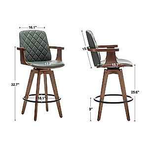 WUPOTO Bar Stools Set of 2, Upholstered Faux Leather Counter Height Bar Stools, Swivel Barstools with Wooden Arms and Legs, 25.6-Inch Seat Height(Green, Pack of 2)