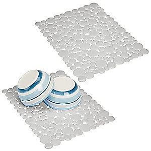 mDesign Adjustable Kitchen Sink Dish Drying Mat/Grid - Plastic Farmhouse Sink Protector, Cushions, Stemware, Wine Glasses, Dishes - Quick Draining Bubble Design - 15.5" Long, 2 Pack - Light Gray