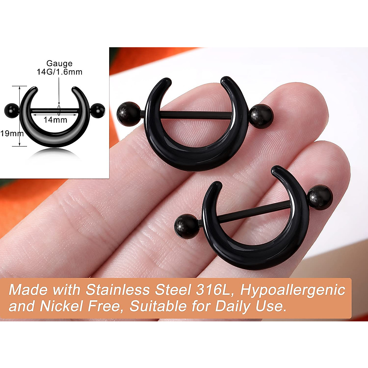 Melighting Black Nipple Rings 14G Surgical Steel 316L Moon Nipple Piercing Jewelry for Women Men Nipple Barbell Body Piercing Jewelry