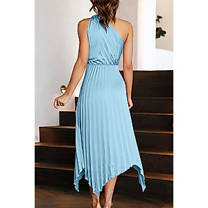 PRETTYGARDEN Women's Summer Long Satin Dress One Shoulder Sleeveless Ruched Twist Flowy Maxi Dresses (Light Blue,Small)