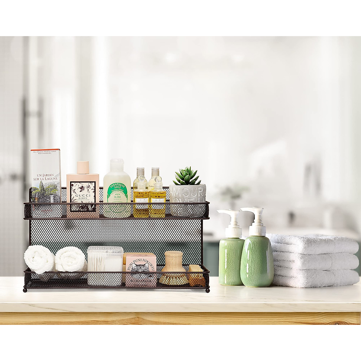 CAXXA 2 PK 2 Tier Mesh Kitchen Counter-top or Wall Mount Spice Rack Jars Storage Organizer, Bronze