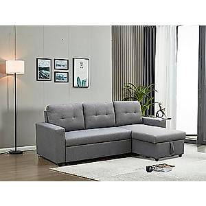 INSTORY Linen Sofa Bed Convertible Sectional Sofa Reversible Pull Out Couch Bed L-Shaped Sleeper Sofabed with Storage Chaise for Living Room