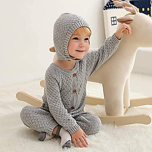 OLSCROM Baby Newborn Knitted Sweater Romper Longsleeve Outfit Cotton Jumpsuit with Warm Hat Set