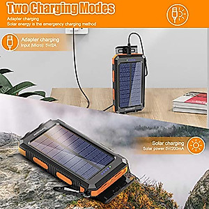 Solar Charger, Durecopow 20000mAh Portable Outdoor Waterproof Solar Power Bank, Camping External Backup Battery Pack Dual 5V USB Ports Output, 2 Led Light Flashlight with Compass (Orange)
