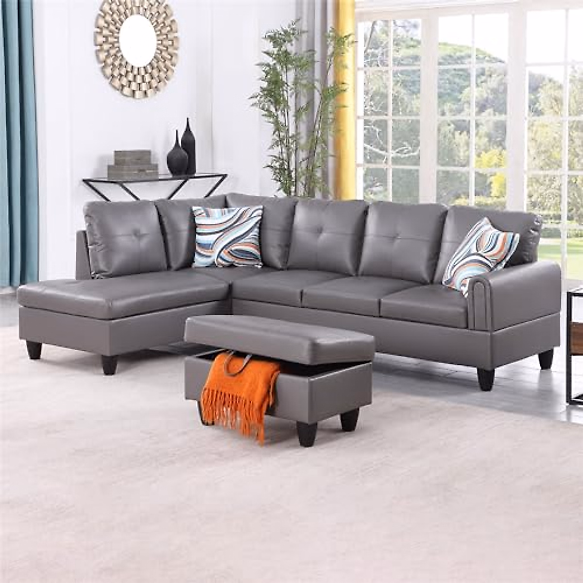NOTOP 3-Piece Faux Leather L-Shaped Sectional Sofas, Button Tufted Upholstered Couch Set with Left Chaise Longue and Storage Ottoman, for Living Room, Home, Office, Dark Grey
