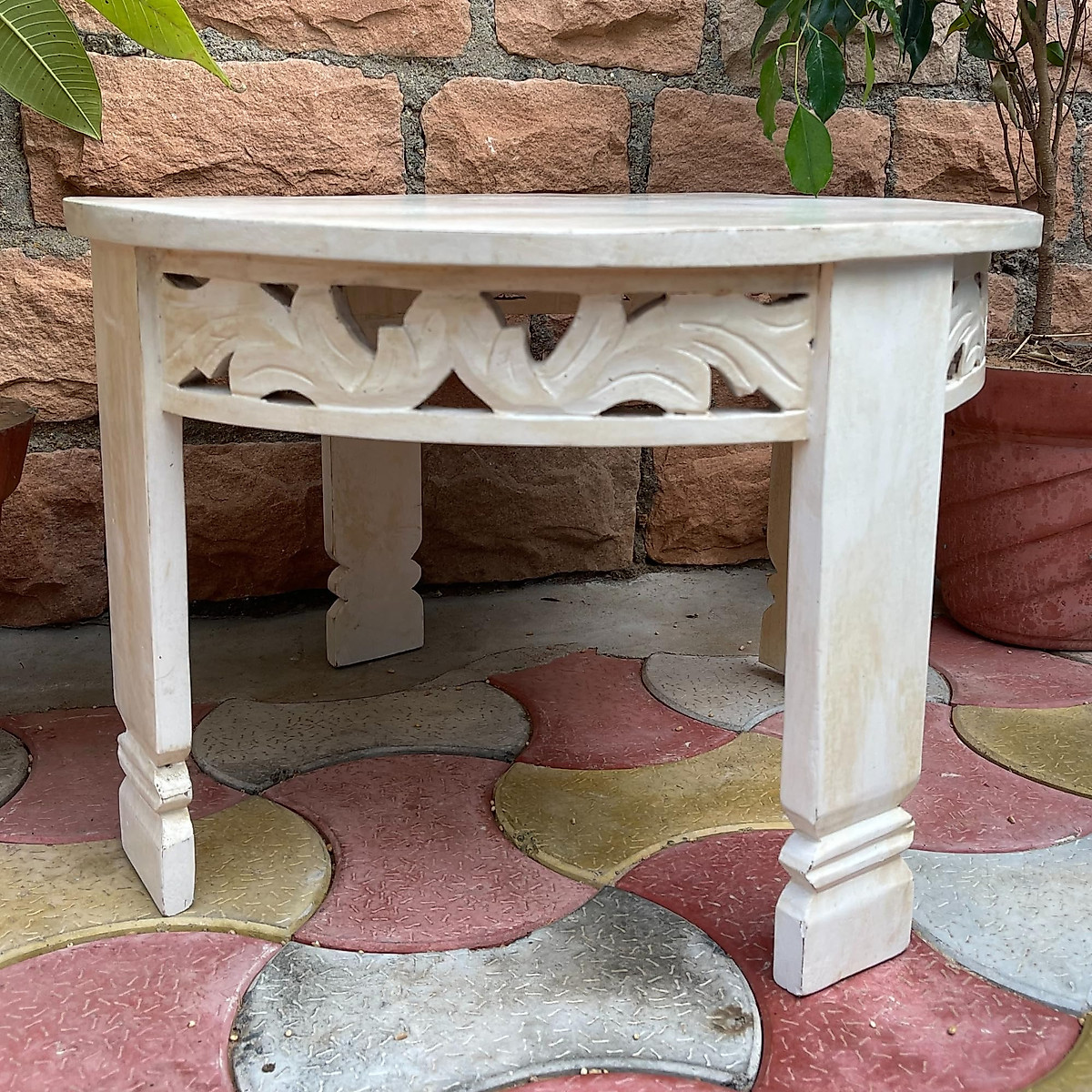 Wooden Carved Chakki Table, Handicraft Round Coffee Table/Cake Cutting Table/Side Table/Nightstand Table/Lamp Table/Bedside Table
