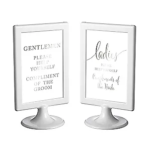 Andaz Press Framed Wedding Party Signs, Metallic Silver Ink, 4x6-inch, 2-Pack, Ladies Gentlemen Please Help Yourself Compliment of The Bride Groom Bathroom Basket Signs, Double-Sided, Decorations