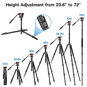 Tripod Camera Tripod, 72" Video Tripod with Fluid Head, Aluminum Heavy Duty Tripod with Carry Bag, Professional Camera Tripods & Monopods, Compatible with Video Camera, DSLR, Camcorder