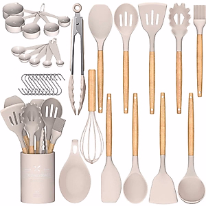 Umite Chef Kitchen Cooking Utensils Set, 33 pcs Non-Stick Silicone Cooking Kitchen Utensils Spatula Set with Holder, Wooden Handle Silicone Kitchen Gadgets Utensil Set (Khaki)
