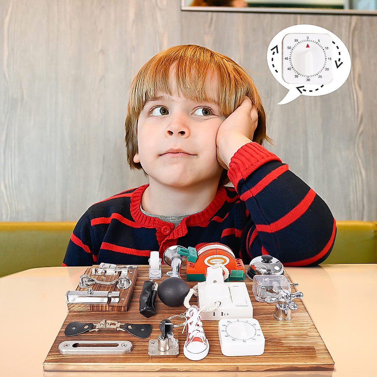 Busy Board for Toddlers Wooden Montessori Toys,Travel Toy Sensory Board Activity Board for Fine Motor Skills, Educational Learning Toy for 3 Year Old Boys & Girls with Locks,Latches,Keys, Music Board