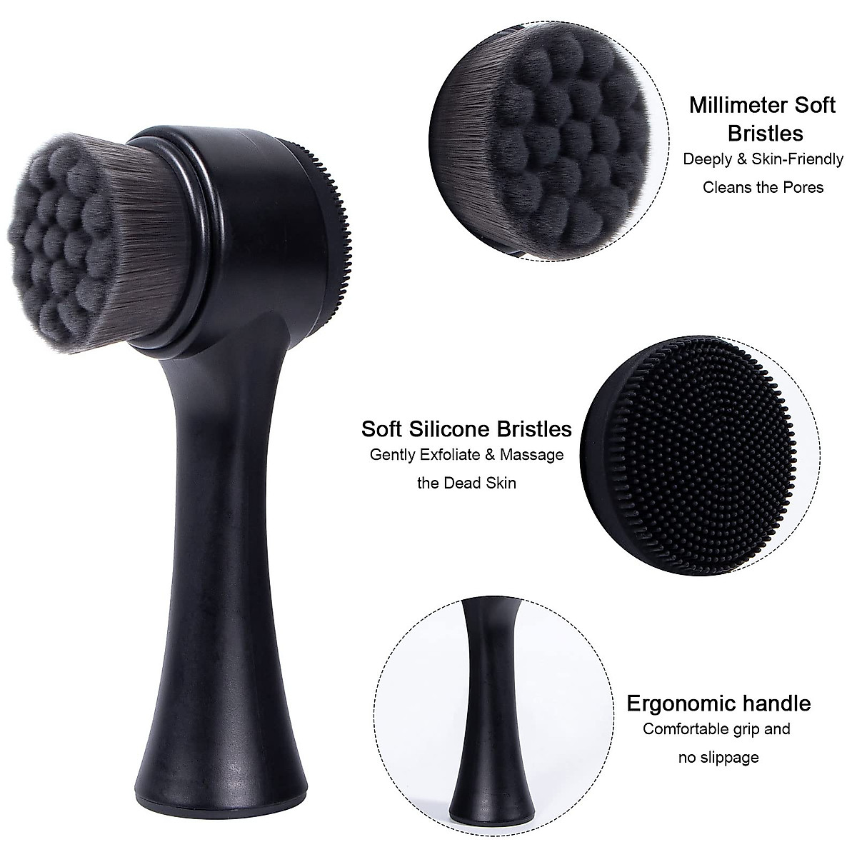 Facial Cleansing Brush 2 in 1, Ooloveminso Face Exfoliating Pore Deep Cleansing Brush, Ultra Fine Soft Bristle Dual Face Wash Brush, Silicone Face Scrubber for Skincare, Black