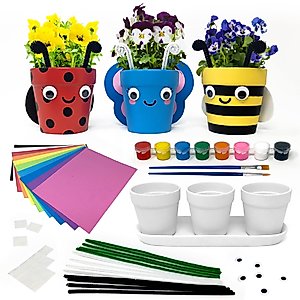 Pinwheel Crafts Flower Pot Kit - Set Comes with 3 Planters, 8 Paints, 2 Brushes & Much More - Paint Your Own Pot Set Garden Kit for Kids - Arts and Crafts for Kids Ages 4-8 (Original)
