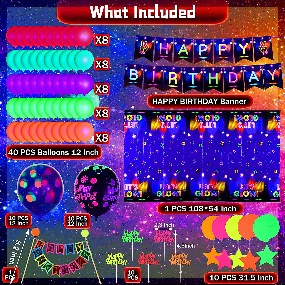 Zhanmai Glow Neon Party Supplies Glow in the Dark Birthday Party Decorations Include Fluorescent Balloons Neon Banner Tablecloth Blacklight Reactive Hanging Stars Cake Toppers for Neon Party