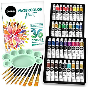 Chalkola Watercolor Paint Set for Adults, Kids, Beginner & Professional Artists - 36 Watercolor Tubes Set (12ml, 0.4oz), 10 Painting Brushes & 1 Palette | Vibrant Water Color Art Painting Supplies