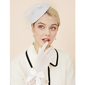 Gionforsy Kentucky Derby Hat Fascinator Veil Fascinator Headband Lace Gloves Imitation Pearl Necklace Earrings Feather Pillbox Fascinator for Wedding Tea Party (Style 1-White)