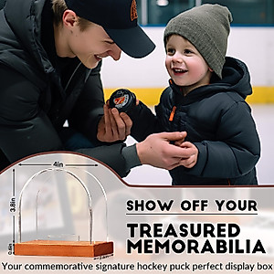 JupDec Hockey Puck and Collectibles Display Case, Premium Acrylic Clear Box Puck Holder with Mahogany Wood Base, Showcase for Autographed Souvenir Memorabilia, Collectible Figure Stand