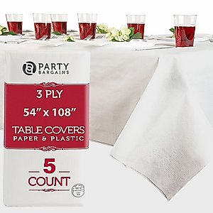 PARTY BARGAINS 5 Disposable Table Covers - 54" X 108", 3 Ply Paper & Plastic White Table Cover
