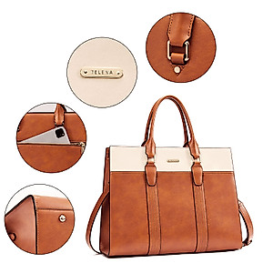 Telena Leather Briefcase for Women, 15.6 Inch Laptop Tote Bag Business Work Briefcase, Large Capacity Handbag Bag, Brown and Beige