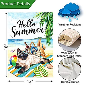 Louise Maelys Hello Summer Garden Flags 12x18 Double Sided, Burlap Welcome Summer Beach Cat Garden Yard House Flag Banner Vertical for Outside Seasonal Outdoor Decoration (ONLY FLAG)