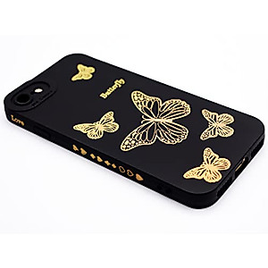 Qokey for iPhone SE 2022/SE 2020/iPhone 8/iPhone 7 Case,Side Cute Plated Love Heart Bling Butterfly with Full Camera Lens Cover Protection Soft TPU Shockproof Phone Case for Women Girls Men,Black