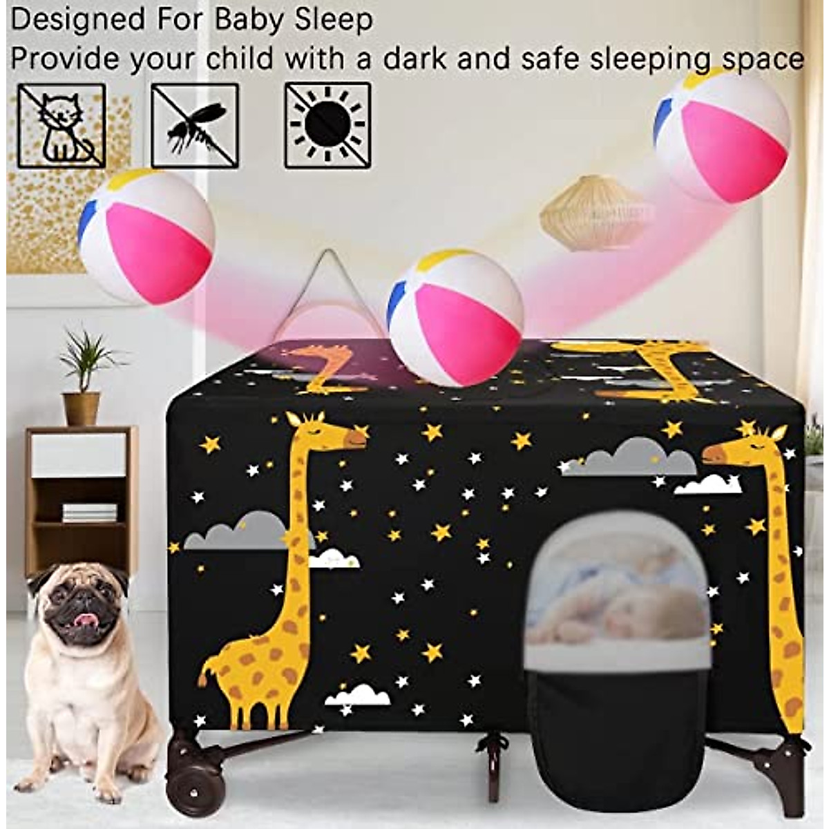 Blackout Cover for Pack N Play, Portable Breathable Crib Tent to Block 90% of Light for Indoor Outdoor Travel, Stretch Up to 48×39 Inches