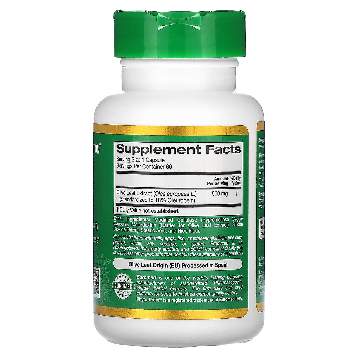 Olive Leaf Extract 500 mg, 18% Oleuropein, Processed in Spain, 3rd Party Tested European Quality, 60 Veggie Capsules, California Gold Nutrition EuroHerbs