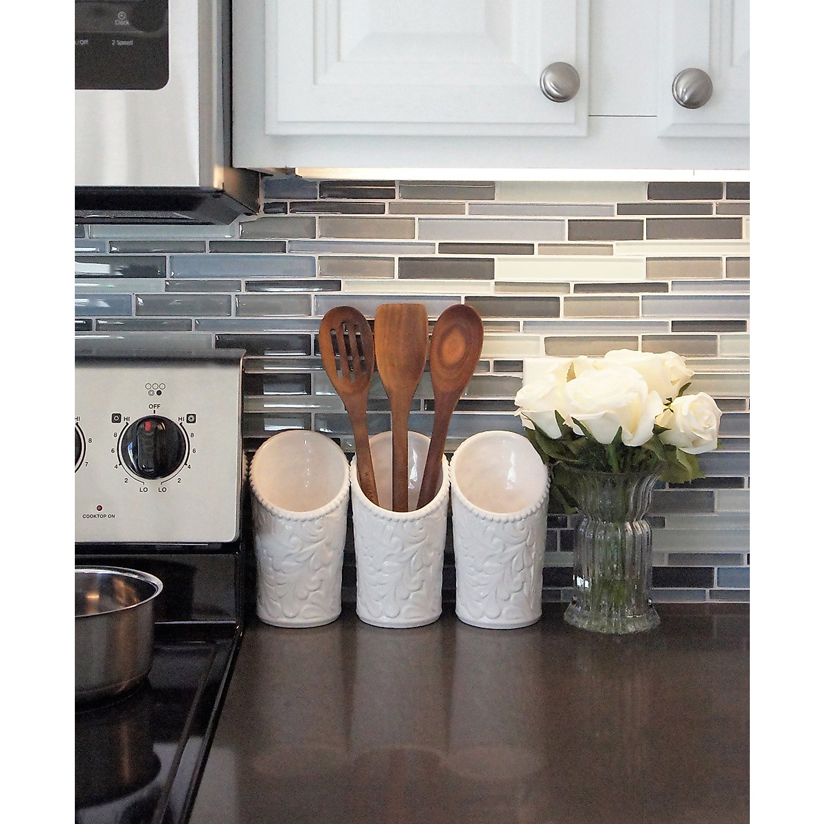 iEnjoyware Kitchen Tool Crock (4 Pieces) - 3 Ceramic Utensil Holders (4" Dia x 7" H each) & 1 Metal Caddy - White & Embossed Design