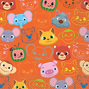 Cocomelon Birthday Party Supplies Bundle Pack includes 16 Dessert Plates, 16 Lunch Plates, 16 Napkins, 1 Table Cover, 1 Happy Birthday Banner, 1 Dinosaur Sticker Sheet (Bundle for 16)