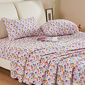 KACEMOO Queen Floral Sheet Set 4PC Yellow Flower Printed Sheets for Queen Pattern Sheets Microfiber Soft Cooling Luxurious Brushed Bed Sheets with 17”Deep Pocket, Easy Care, Breathable, Wrinkle Free