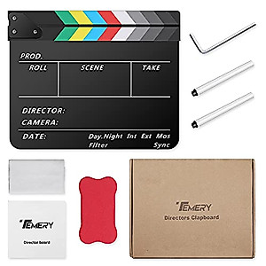 Temery Acrylic Film Clapper Board -12 x 10in Plastic Movie Film Clap Board, Movie Theater Decor Clapboard with a Magnetic Blackboard Eraser, Two Custom Pens, Cleaning Cloth and Hexagonal Wrench