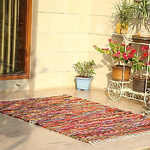 RAJRANG Multicolor Bohemian Rug 5x7 feet Boho Striped Recycled Cotton Chindi Area Rugs with Decorative Tassels