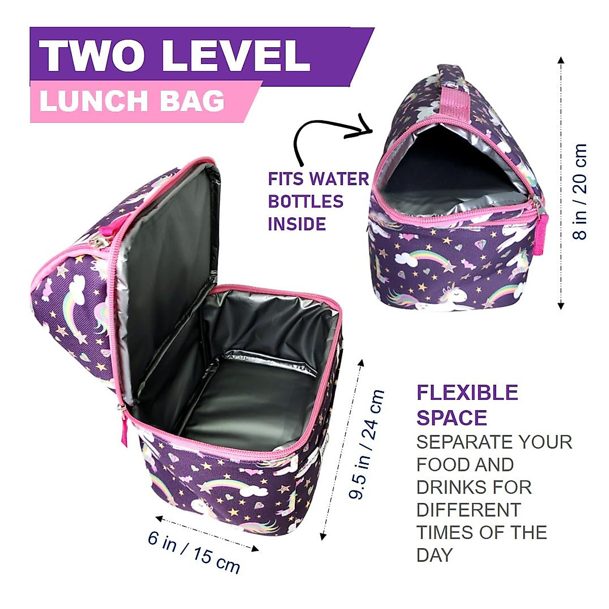 kinsho Unicorn Toddler Lunch Box for Girls Kids, Insulated Bag for Baby Girl Daycare Pre-School Kindergarten, Container Boxes for Small Kid Snacks Lunches, 2 Compartments, Unicornio Purple