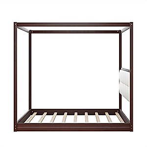HAUSHECK Queen Size Canopy Bed with Upholstered Headboard, Four-Poster Queen Canopy Platform Bed Frame, Wood Floor Bed Frame with Sturdy Wooden Slatted Structure, No Box Spring Needed, Easy Assembly