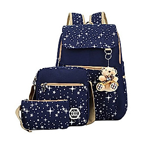 Star Print Girls Canvas Backpacks Set for School, School Bags Bookbags for Teenage Girls, with Crossbody Bag, 3 Pieces