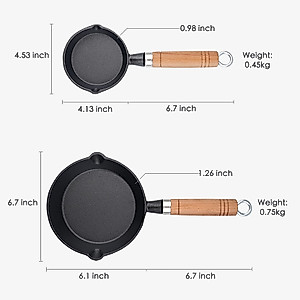 UPTALY 4.1 inch Mini Cast Iron Skillet, Omelet Pans, No Coating, Physical Non Stick Pan, Japanese Omelette Pan, Small Frying Pan with Wood Handle, Black Miniture Skillet for Baked Cookie/Brownie