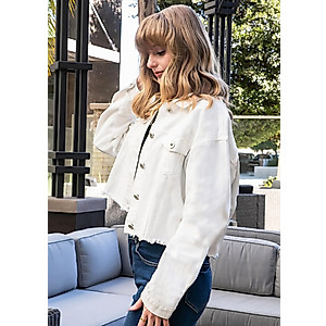 Anna-Kaci Women's Denim Jacket Cropped Raw Hem Casual Button Down Jean Jacket with Pockets, White, Large