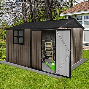 Favfurish 10×8FT Outdoor Metal Storage Garden Sheds Heavy Duty Gazebos Shed with Window and Punched Vents,Hinged Door & Padlock,for Backyard Garden Patio Lawn Bike,Brown