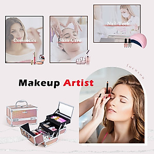 Joligrace Makeup Box Cosmetic Train Case Jewelry Organizer Lockable with Keys and Mirror 2-Tier Tray Portable Carrying with Handle Travel Storage Box