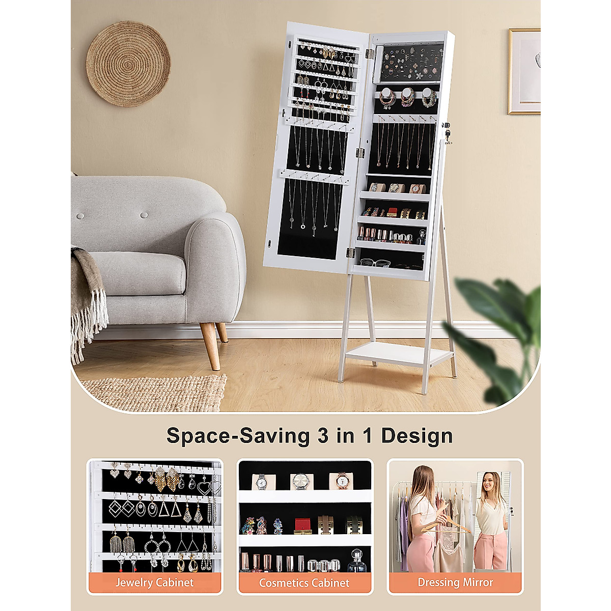 Nicetree 8 LEDs Standing Jewelry Mirror Cabinet, Full Length Mirror and Jewelry Storage All in One, Superior Storage Capacity Jewelry Armoire Stand Up Mirror (White)