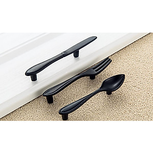 Sinyiol 2Pcs Matte Black Funny Cutlery Tableware Cabinet Pulls,Creative Spoon Fork Knife Shape 3" Hole Center Vintage Kitchen Cupboard Pulls Handles,Cute and Fun (2Pcs, Fork, Matte Black)